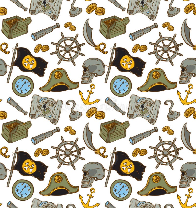 Hand Drawn Seamless Pirate Pattern. Stock Vector - Illustration of icon ...