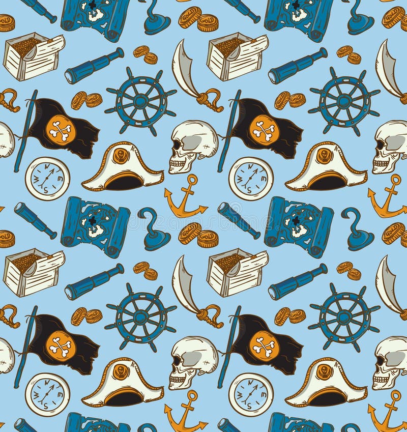 Hand Drawn Seamless Pirate Pattern. Stock Vector - Illustration of flag ...
