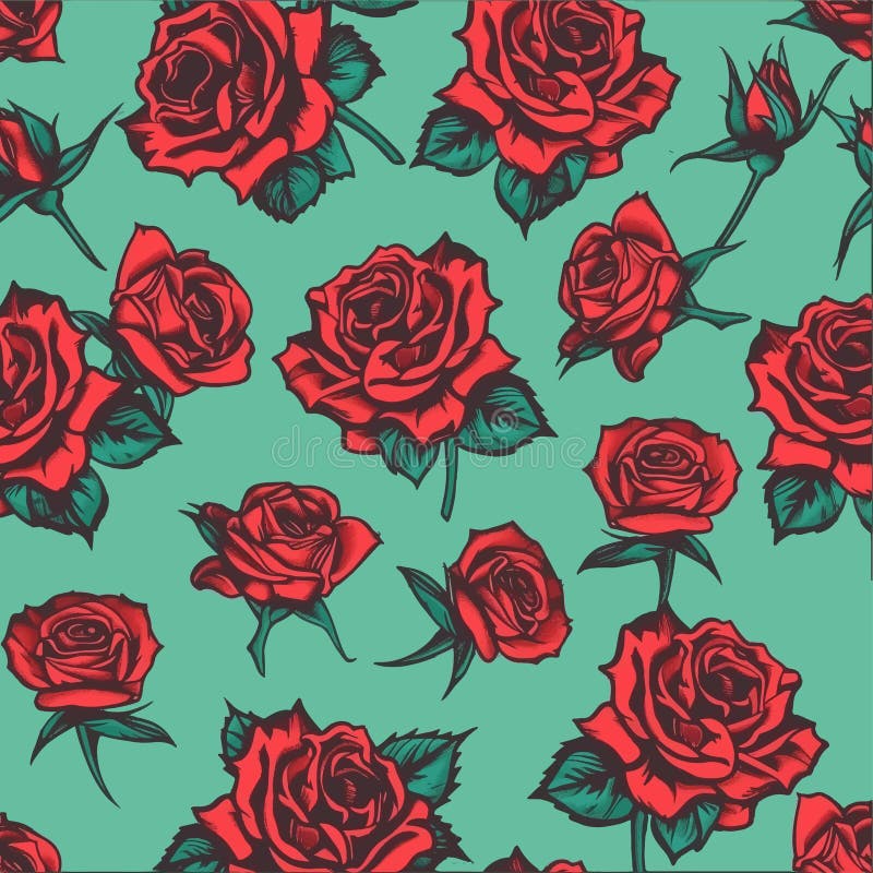 Hand Drawn Seamless Red Roses Pattern Vector Illustration Stock ...