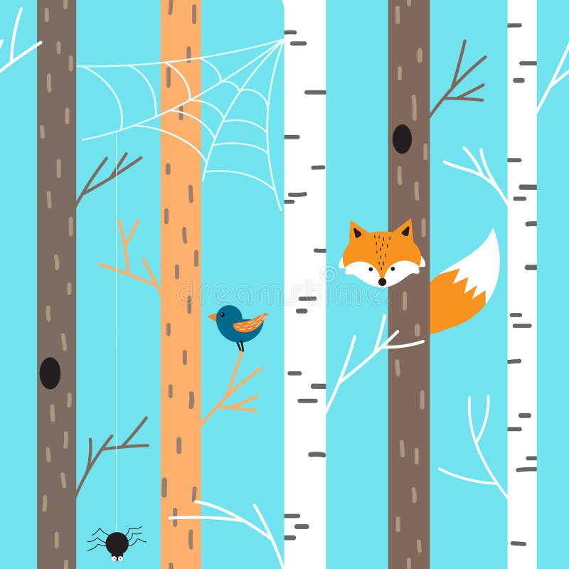 Hand Drawn Seamless Vector Pattern on Blue Background. Simple Forest ...