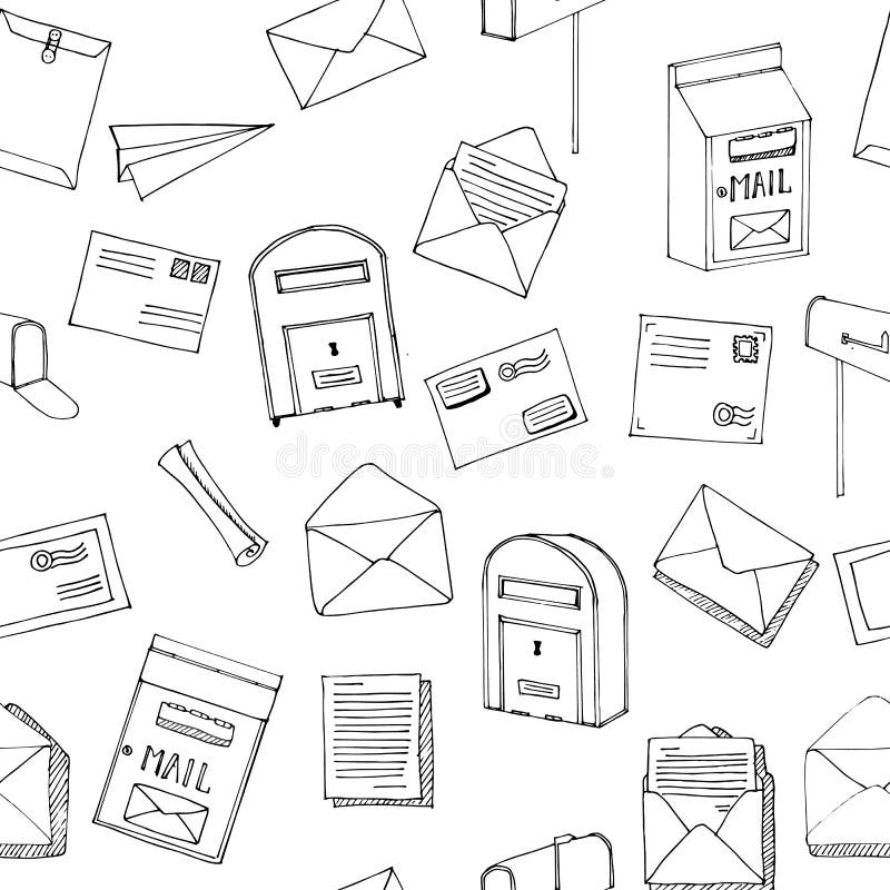 Hand Drawn Seamless Vector Pattern. Mail, Post, Letter, Envelope, Paper ...