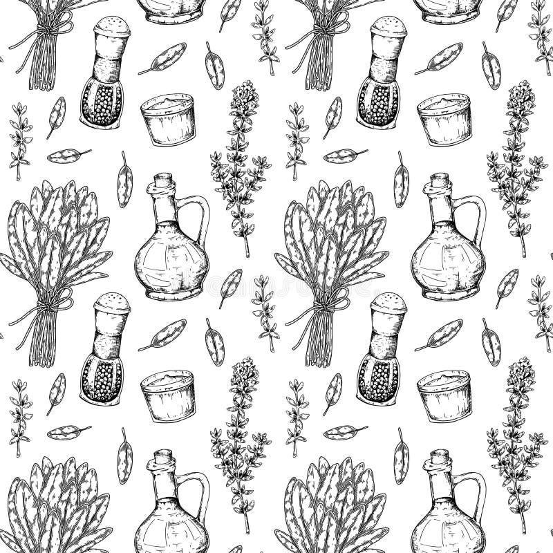 Hand Drawn Seasoning Seamless Pattern. Vector Illustration in Sketch ...