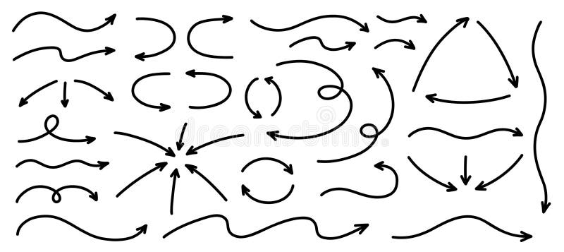 Hand Drawn Thin Line Arrows Set. Vector Curvy and Wavy Arrows Isolated ...
