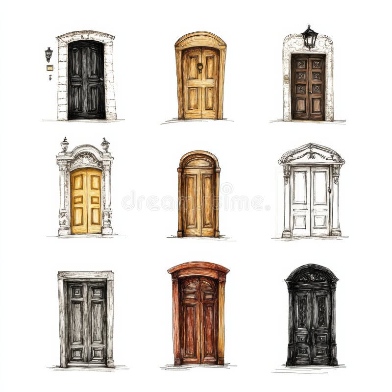 Hand Drawn Series of Unique Doors Illustrations in Different Styles ...