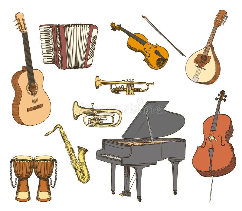 Hand Drawn Set of Acoustic Musical Instruments. Stock Vector ...