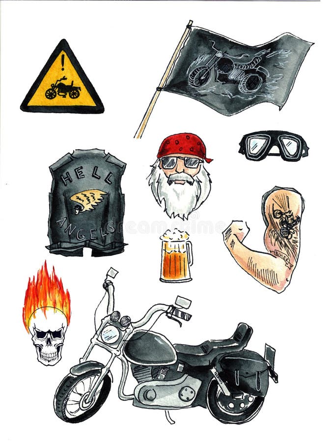 Hand Drawn Set of Biker Icons Stock Illustration - Illustration of ...