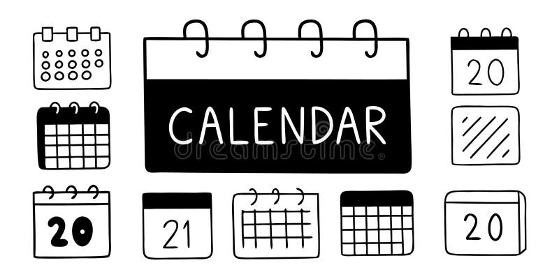 Hand Drawn Calendar Icons Set in Black and White Doodle Style Vector ...