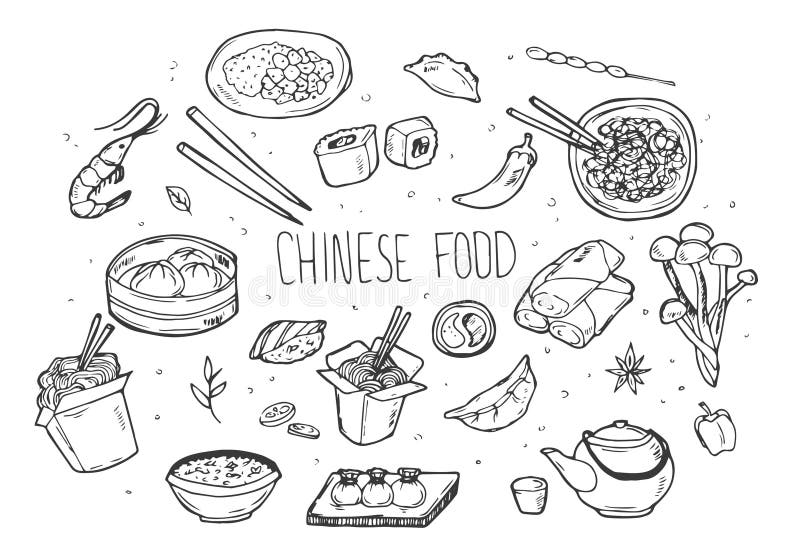 Hand Drawn Set of Chinese Food Doodles in Vector Stock Vector ...