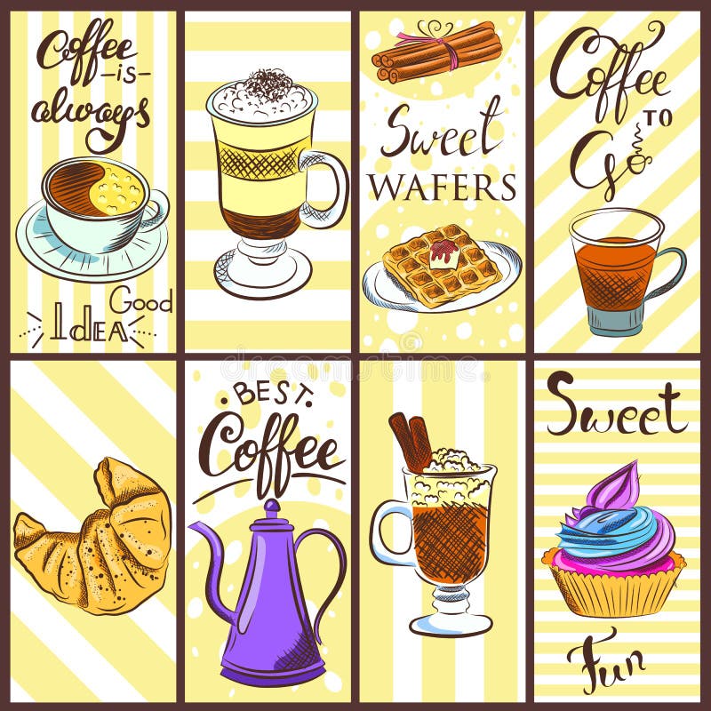 Hand Drawn Set Coffee Vector Illustration Breakfast. Vintage Coffee ...