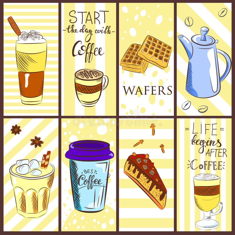 Hand Drawn Set Coffee Vector Illustration Breakfast. Vintage Coffee ...
