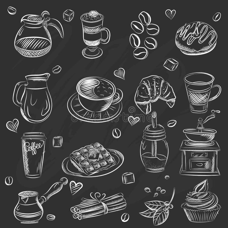 Hand Drawn Set Coffee Vector Illustration Breakfast. Vintage Coffee ...
