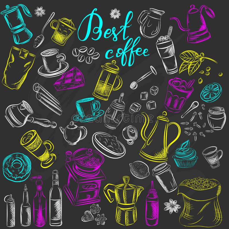 Hand Drawn Set Coffee Vector Illustration Breakfast. Vintage Coffee ...