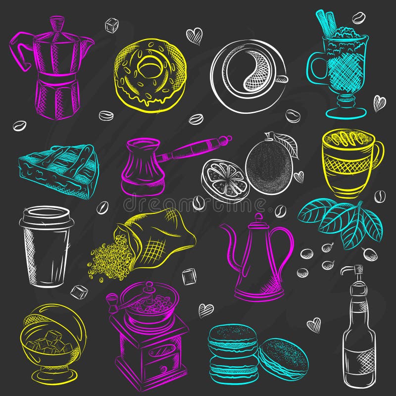 Hand Drawn Set Coffee Vector Illustration Breakfast. Vintage Coffee ...