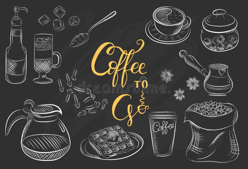 Hand Drawn Set Coffee Vector Illustration Breakfast. Vintage Coffee ...