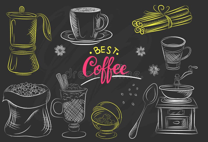 Hand Drawn Set Coffee Vector Illustration Breakfast. Vintage Coffee ...