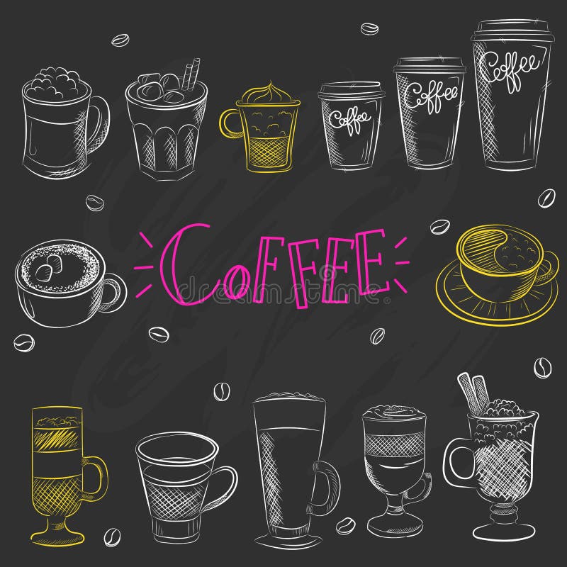 Hand Drawn Set Coffee Vector Illustration Breakfast. Vintage Coffee ...