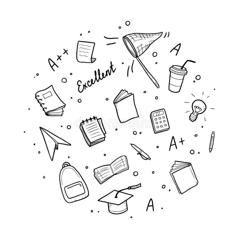 Hand Drawn Set of College, School Study Elements. Doodle Style. Stock ...