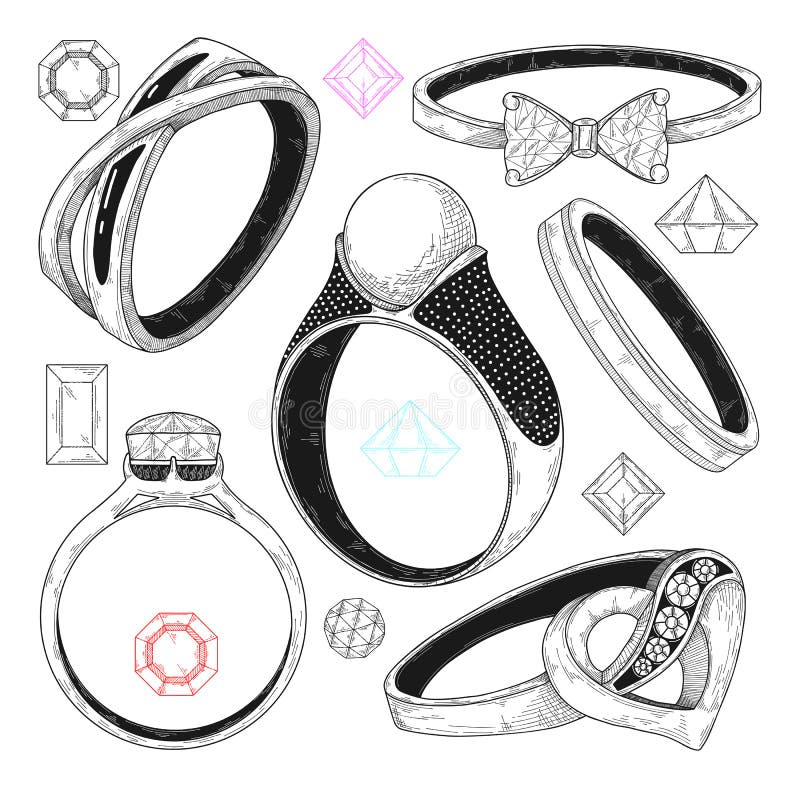 Hand Drawn a Set of Different Jewelry Rings. Vector Illustration Stock ...