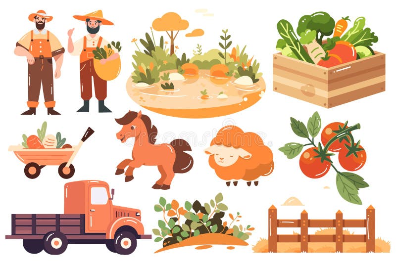 Farm Objects Set. Red Barn, Farmhouse, Tractor Stock Illustration ...