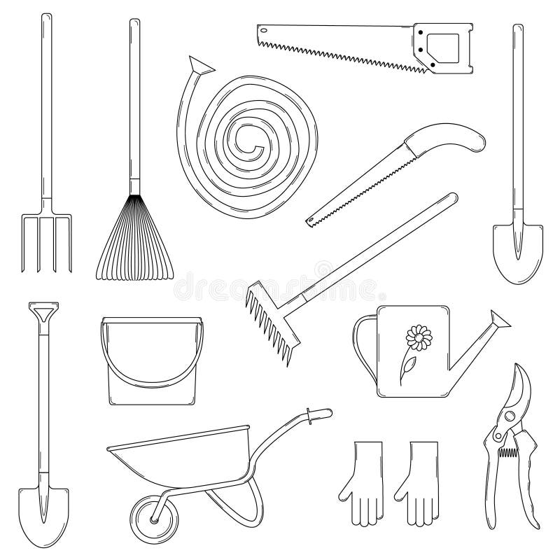 Hand Drawn Set of Gardening Tools. Tools for Planting and Caring for ...