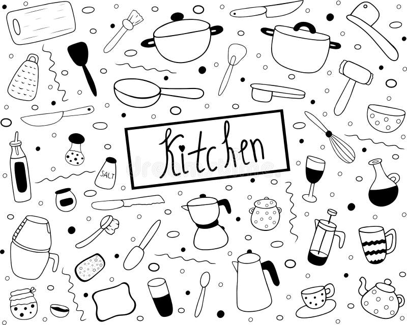 Hand Drawn Set of Kitchen Tools Doodles Stock Vector - Illustration of ...