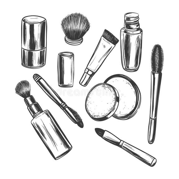 Hand-Drawn Makeup Cosmetics and Brushes Collection Stylish Black and ...