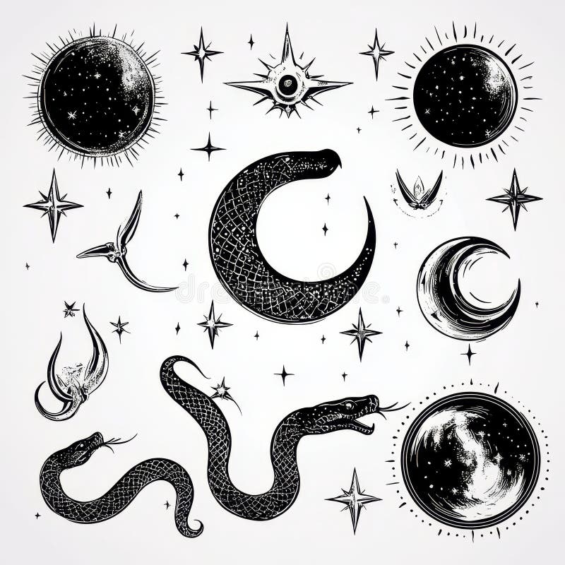 Hand Drawn Set of Moons, Stars and Snakes. Vector Illustration Stock ...
