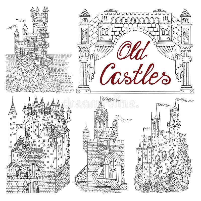 Hand Drawn Set with Old Castles and Banner Frame on White Stock Vector ...