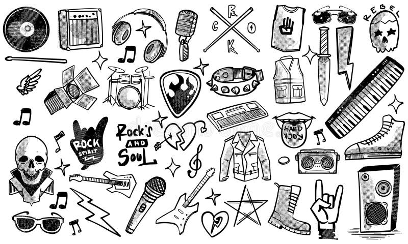Hand Drawn Set of Rock Music Doodle Music Instruments in Doodle Style ...