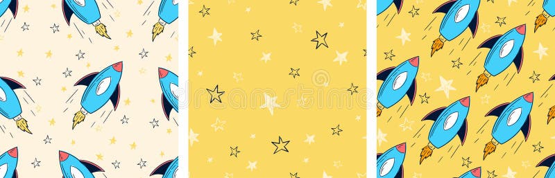 Hand Drawn Set of Rocket Patterns on Yellow Background for Creative ...