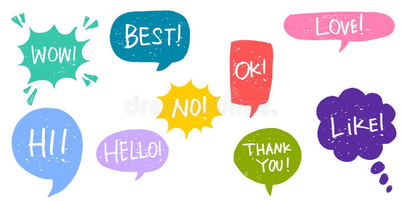 Hand Drawn Set of Speech Bubbles with Dialog Words Isolated. Vector ...