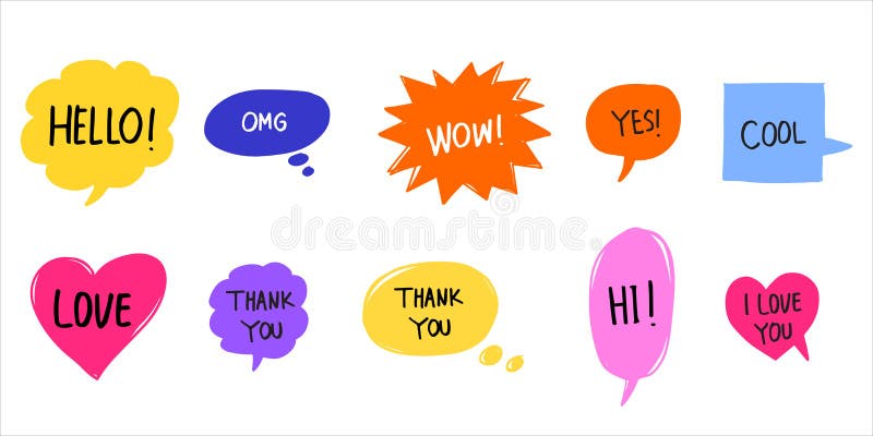 Hand Drawn Set of Speech Bubbles with Dialog Words Isolated. Vector ...