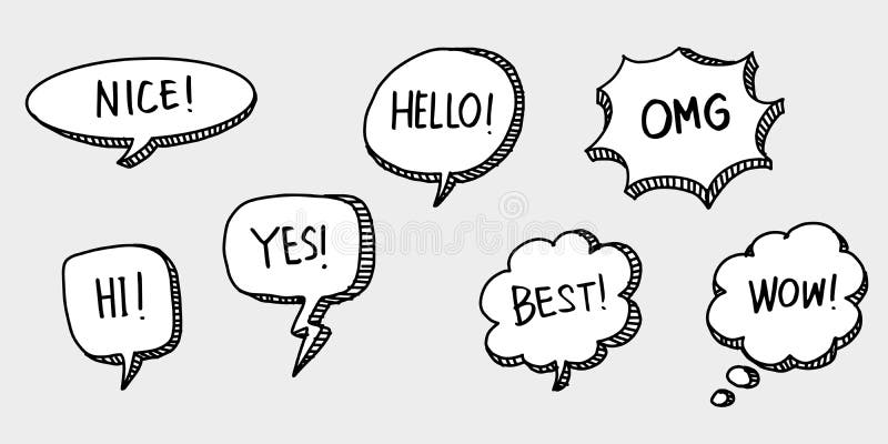 Hand Drawn Set of Speech Bubbles with Dialog Words Isolated. Vector ...