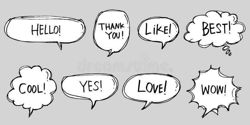 Hand Drawn Set of Speech Bubbles with Dialog Words Isolated. Vector ...