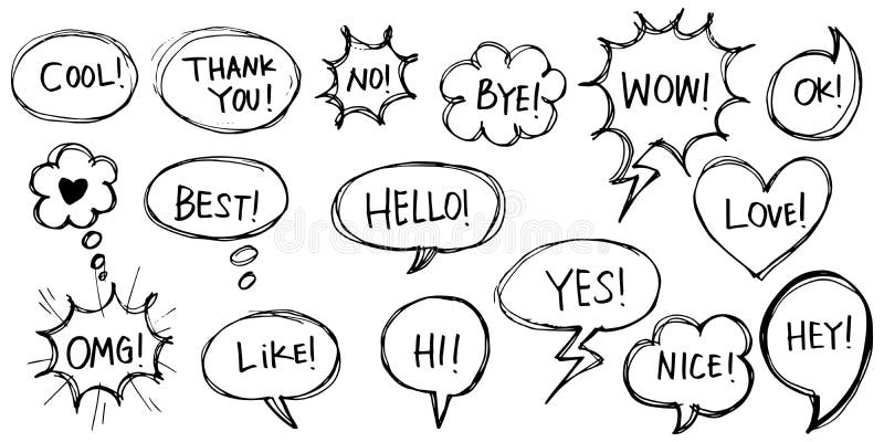 Hand Drawn Set of Speech Bubbles with Dialog Words Isolated. Vector ... Hand Drawn Set of Speech Bubbles with Dialog Words Isolated. Vector ...
