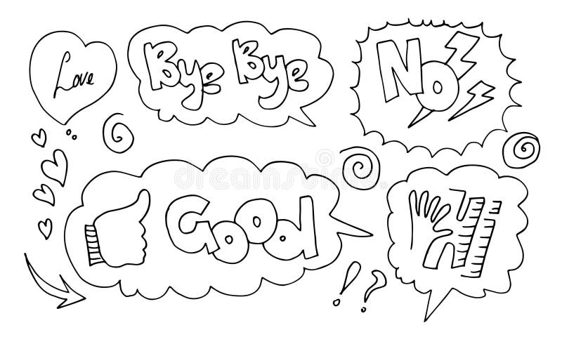 Hand Drawn Set of Speech Bubbles with Handwritten Text Love, Good, Bye ...