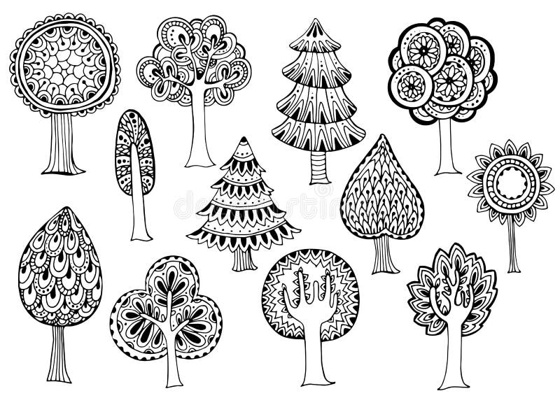 Hand Drawn Set of Trees in Doodle Style. Stock Illustration ...