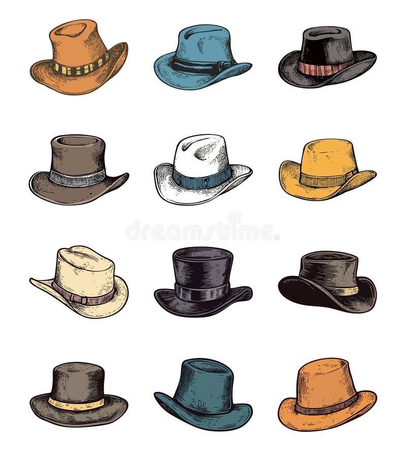 Hand Drawn Set of Vintage Hats Vector Illustration Stock Illustration ...