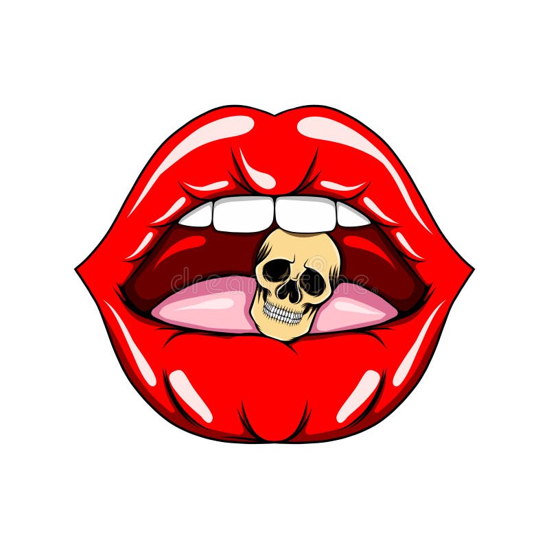 The Hand Drawn of the Lips Biting the Head Skull Stock Vector ...