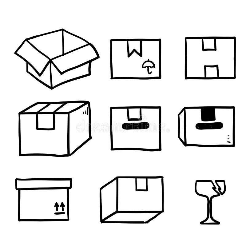 Hand Drawn Shipping Box Icon Illustration Set in Doodle Stock Vector ...