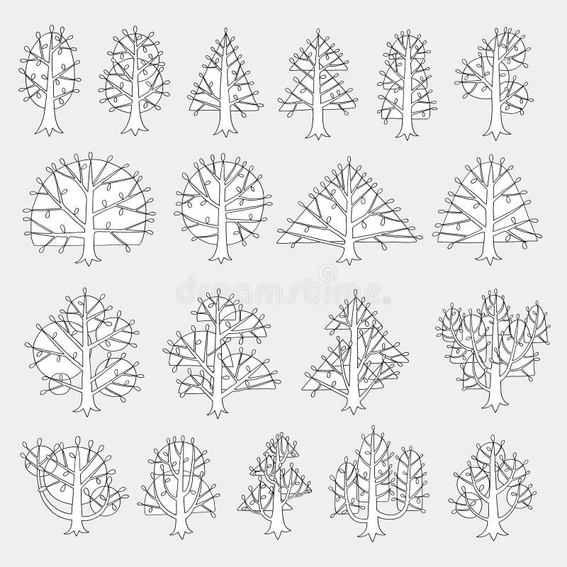 Hand Drawn Side View Tree Vector Set Stock Illustration - Illustration ...
