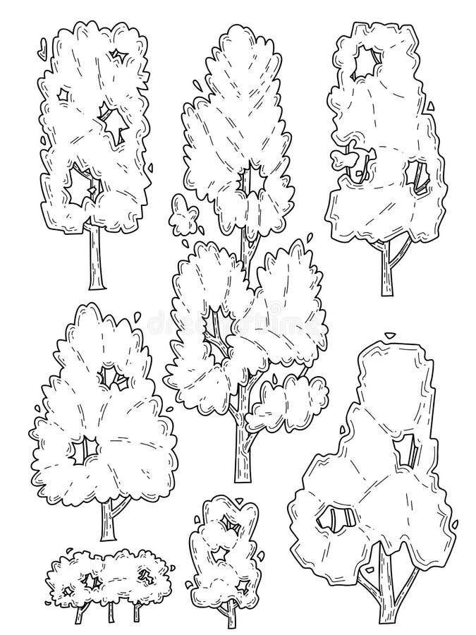 Hand Drawn Side View Tree Vector Set. Stock Vector - Illustration of ...