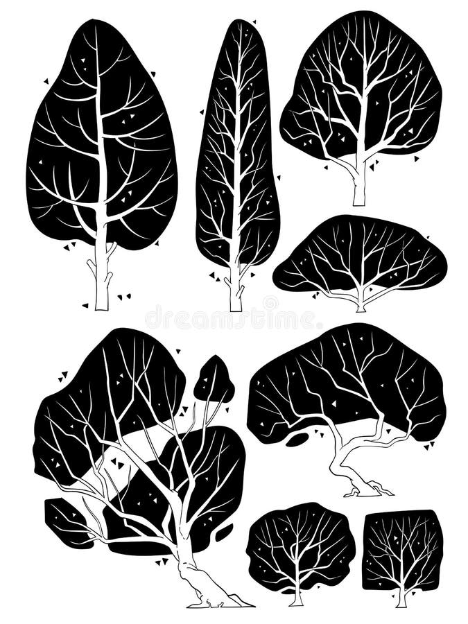 Hand Drawn Side View Tree Vector Set Stock Vector - Illustration of ...