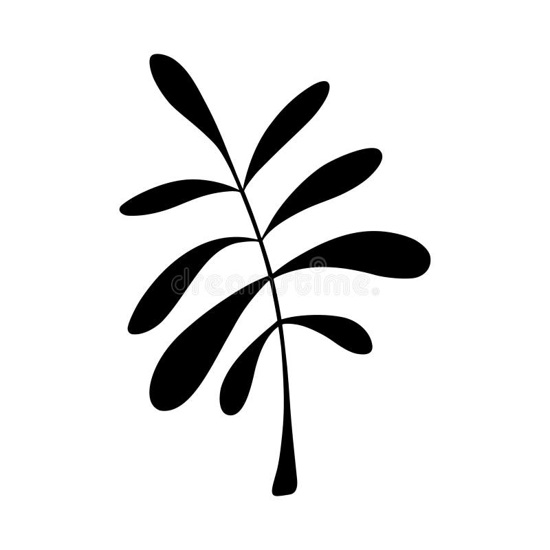 Hand-drawn Silhouette of an Abstract Black Twig with Leaves, Doodle ...