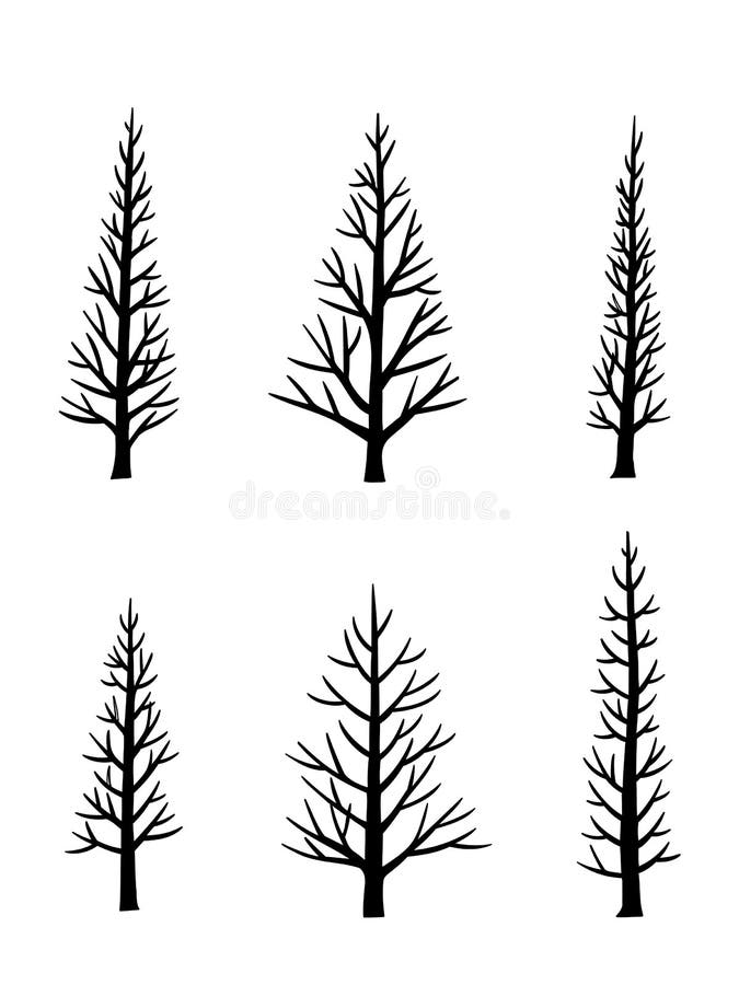 Hand Drawn Silhouette Side View Pine Tree Vector Set Stock Vector ...