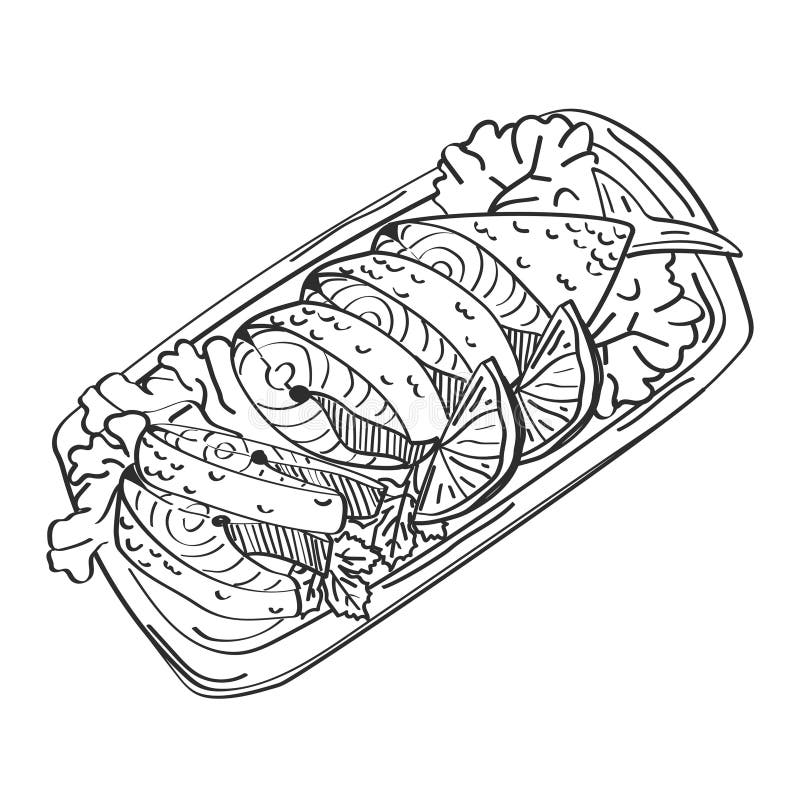 Hand Drawn Sketch of Baked Fish. Cooked Fish Cut into Pieces on ...