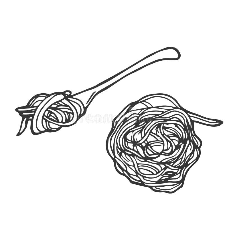 Hand Drawn Sketch Black and White of Pasta, Spaghetti, Fork. Vector ...