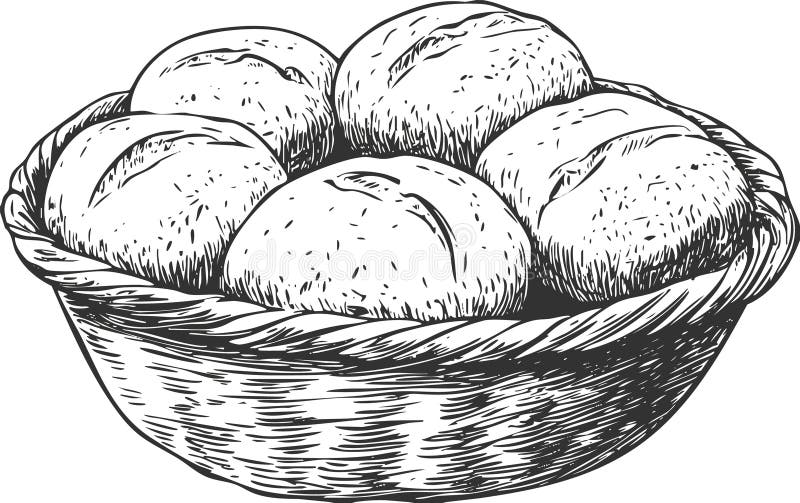 Hand-drawn Sketch of Bread Rolls in a Rustic Basket. Stock Illustration ...