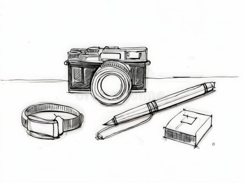 Hand Drawn Sketch of Camera and Pencil. Stock Illustration ...