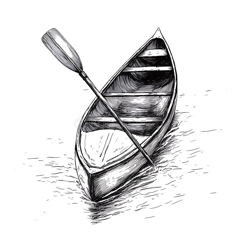 Hand-drawn Sketch of a Canoe with Paddle on Calm Water Stock ...